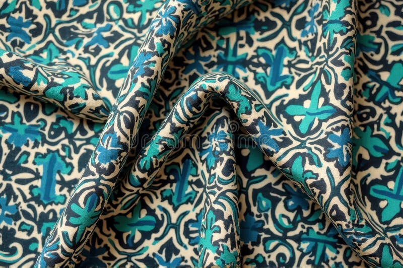 Intricate Blue and Green Floral Design on Fabric with Beige Background ...
