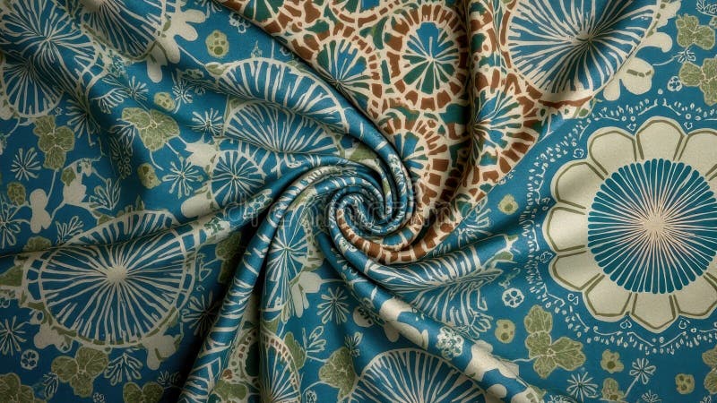 Intricate Blue and Green Floral Pattern Fabric with Spiral Design Stock ...