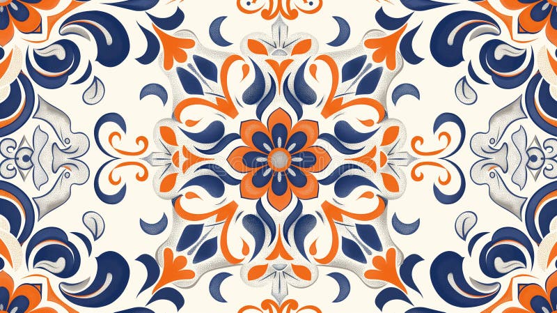 Intricate Blue and Orange Tile Pattern Stock Illustration ...