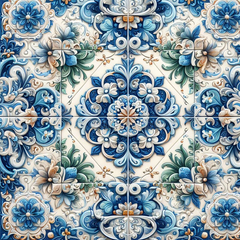 Intricate Blue and White Tile Pattern with Floral Motifs Stock ...