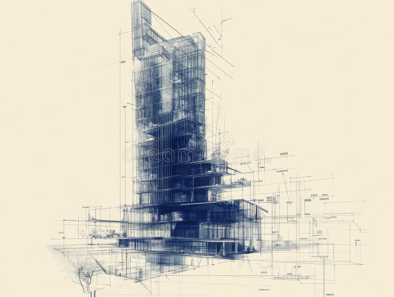 Intricate Blueprint Illustration of a Modern Skyscraper Design Stock ...