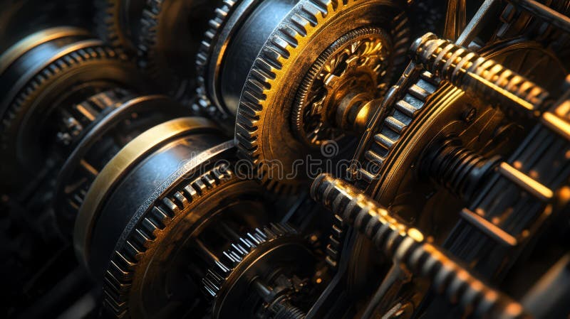 Intricate Brass Gears and Cogs in an Industrial Machine at Twilight ...