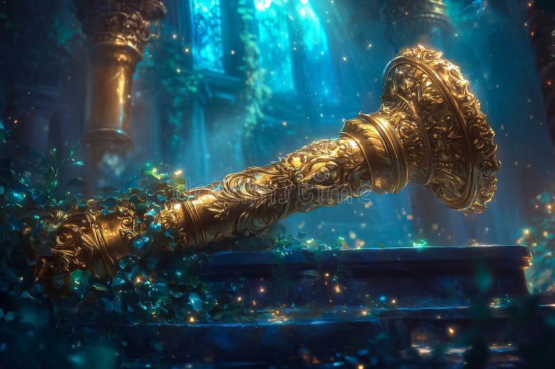 An Intricate Bronze Scepter Rests on a Weathered Altar, Bathed in Soft ...