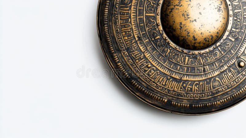 An Intricate Bronze Shield with Ancient Engravings Shines Under Soft ...