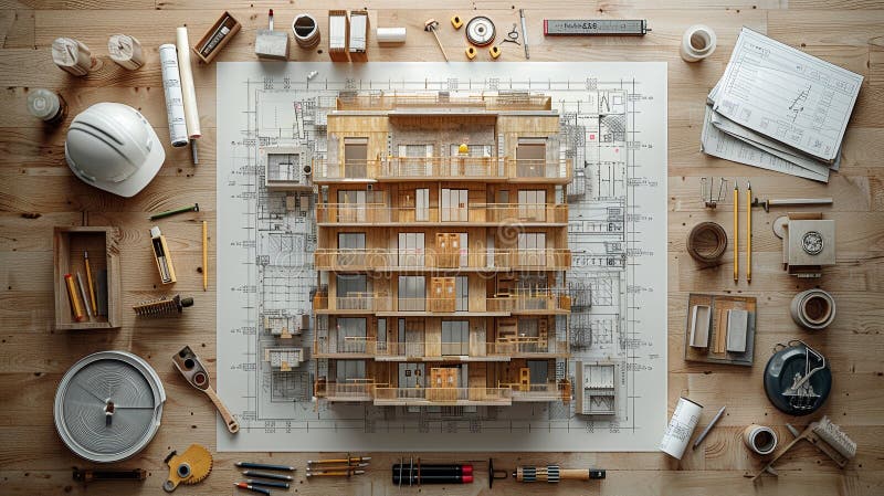 Intricate Building Model on Blueprint Surrounded by Design Tools. AI ...