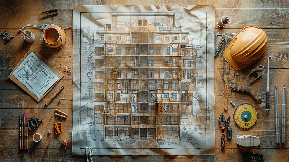 Intricate Building Model on Blueprint Surrounded by Design Tools. AI ...