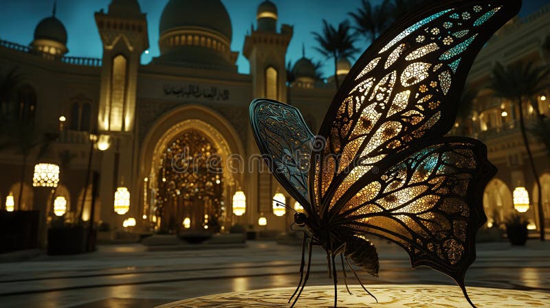 Intricate Butterfly Sculpture before Illuminated Mosque at Dusk Stock ...