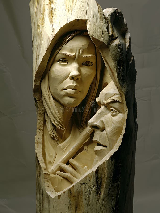 Intricate Carved Wooden Faces in a Log. Stock Photo - Image of artistic ...