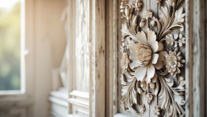 Intricate Carved Wooden Panel with Floral Designs Stock Image - Image ...