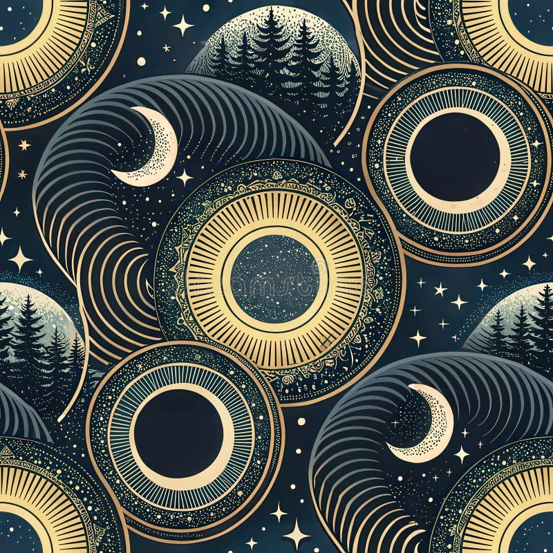 Intricate Celestial Patterns Featuring Moons and Trees Stock Image ...