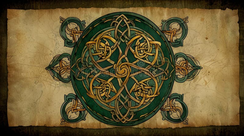 Intricate Celtic Knot Pattern on Aged Parchment, Rich Green and Gold ...