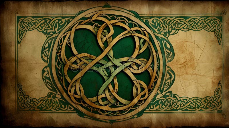 Intricate Celtic Knot Pattern on Aged Parchment, Rich Green and Gold ...