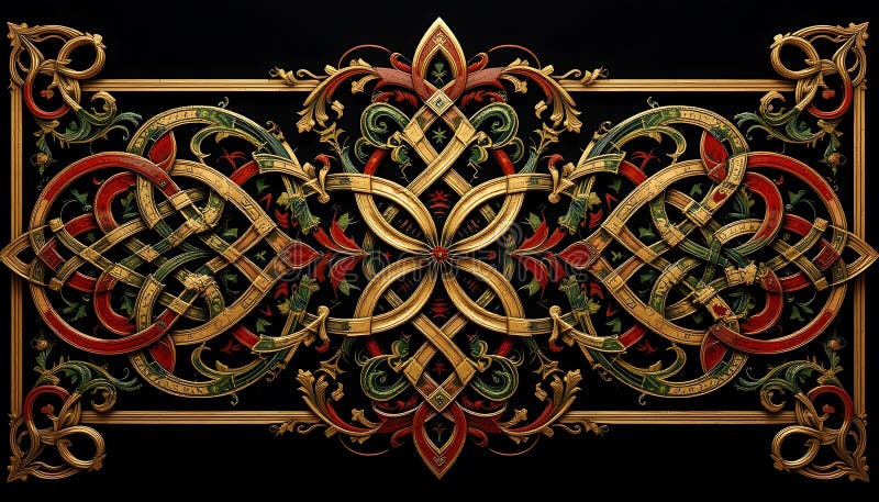 Intricate Celtic Knot Pattern with Gold Frame on Black Background Stock ...