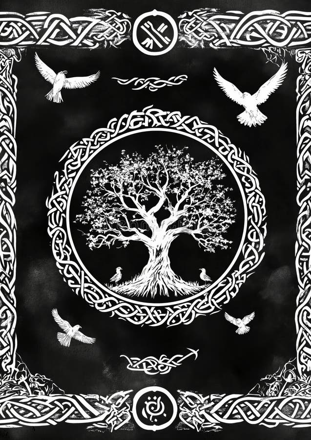 Intricate Celtic Tree of Life Design with Doves on Black Background ...