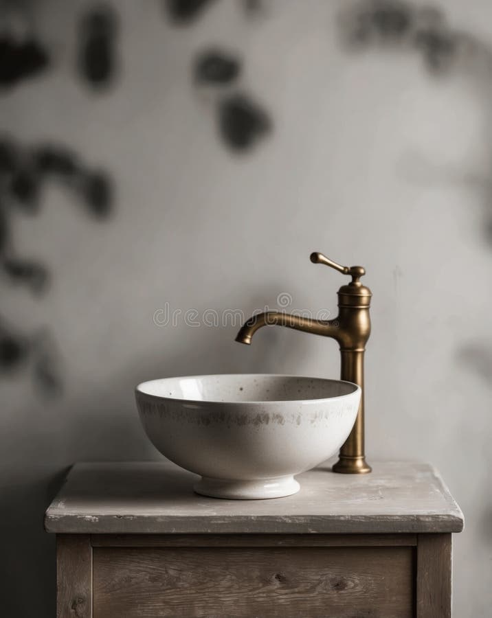 Intricate Ceramic Basin and Brass Tap on Wooden Vanity in Rustic ...