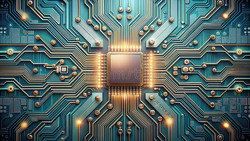 Intricate Circuit Board Design Featuring a Central Processing Unit with ...