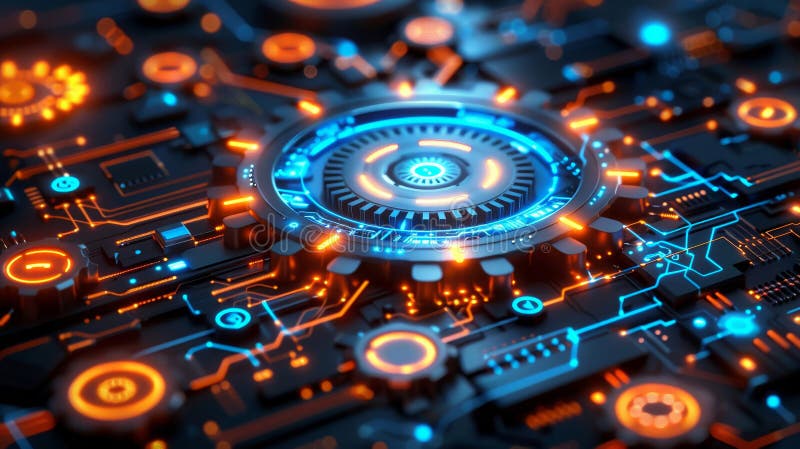 Intricate Circuit Board Design with Glowing Elements in a Futuristic Setting Stock Image - Image ...