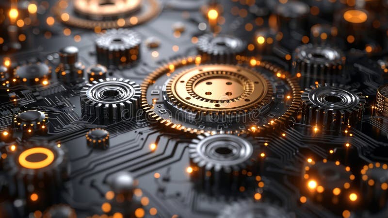 Intricate Circuit Board with Gears and Glowing Elements in a Dark Setting Stock Photo - Image of ...