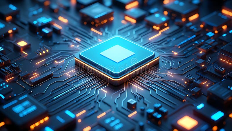 Intricate Circuit Board with Glowing Blue Central Processor Unit Stock ...