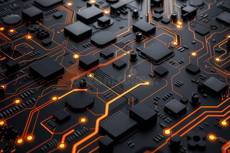 Intricate Circuit Board with Glowing Red Connectors and Electronic ...
