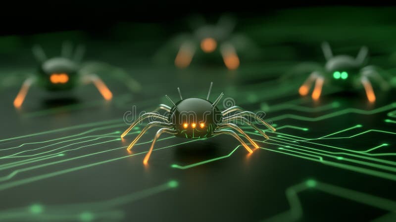 Spider Navigating a Glowing Green Circuit Board, Fusion of Nature and ...