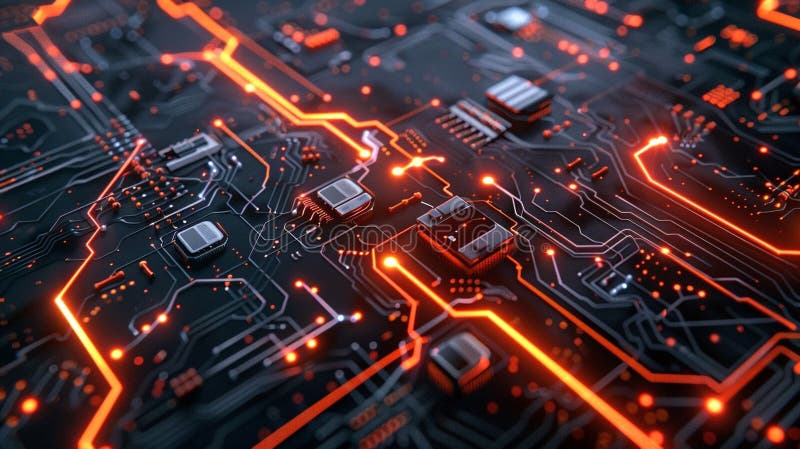 Intricate Circuit Boards and Glowing Neon Lines with Micro Chips Stock ...
