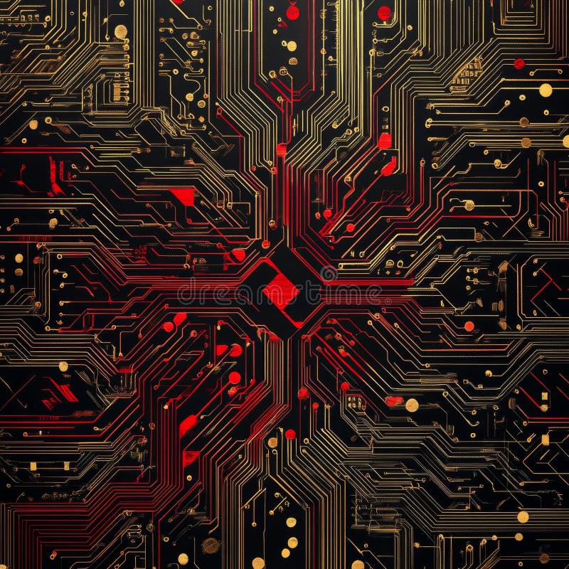 Intricate Circuit Design with Gold and Red Accents on Dark Background ...