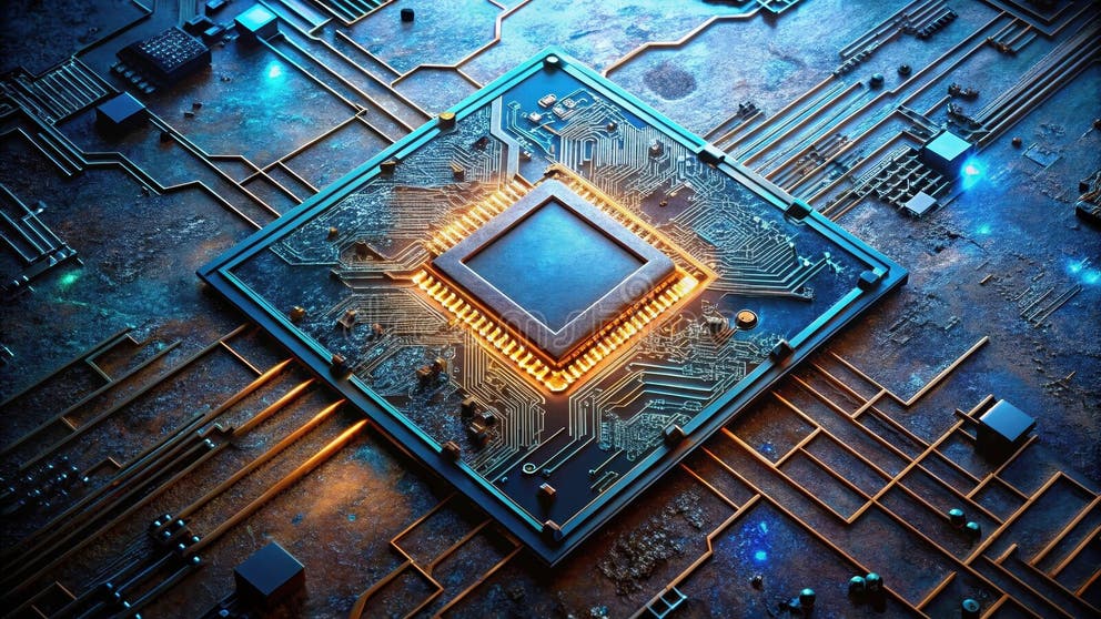 Intricate Circuitry a Glowing Central Processing Unit Integrated into a Complex Motherboard ...