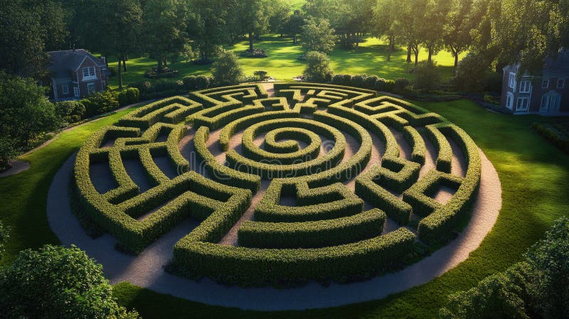 Intricate Circular Hedge Maze in Lush Green Garden with Pathways and ...