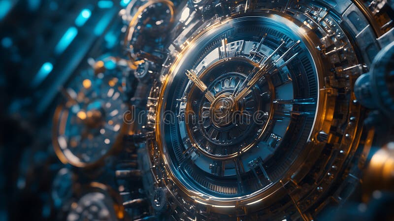 Intricate Clock Gears, High-tech Design, Blue and Gold Tones Stock ...