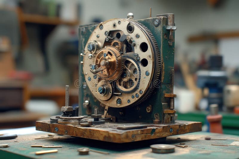 Intricate Clock Mechanism Showcasing Gears and Components in a Workshop ...