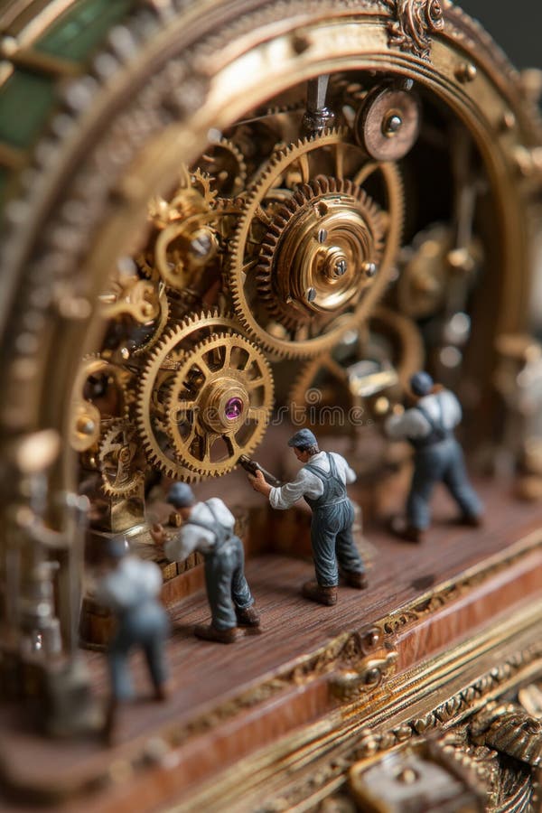 Intricate Clockwork with Miniature Workers Adjusting Elegant Gears ...