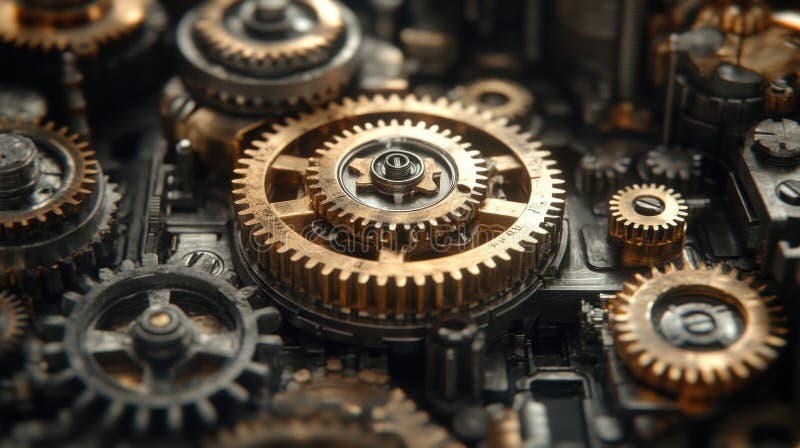 Intricate Close-Up of Copper and Steel Gears in a Mechanical Clockwork ...