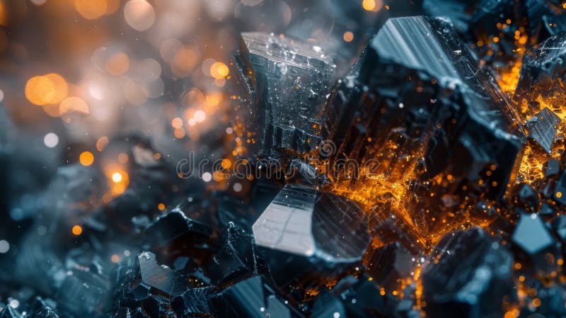 Detailed Close Up of Reflective Dark Crystals with Glowing Orange ...
