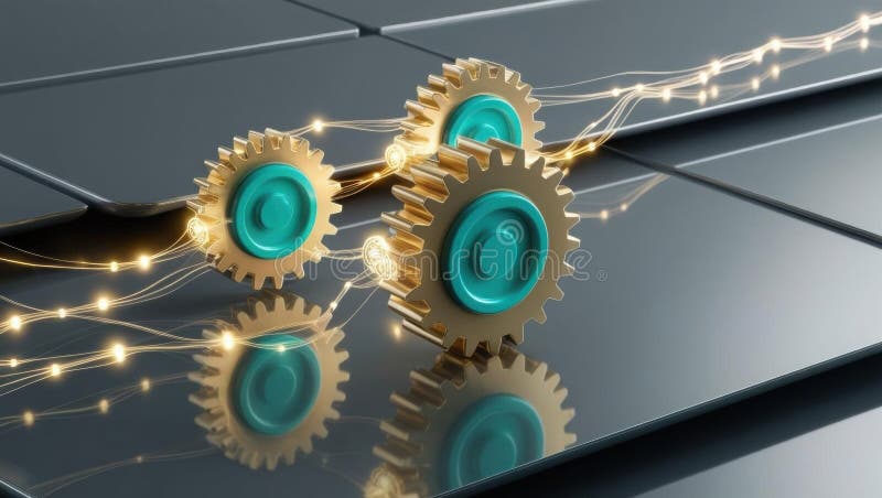 Intricate Close-Up of Two Interlocking Gears with Radiant Glowing ...