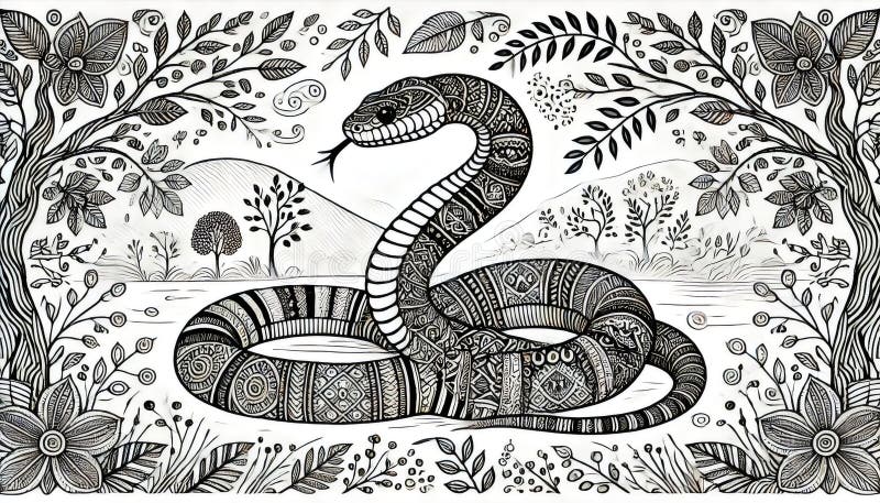 Intricate Coiled Snake in a Decorative Landscape Coloring Page Stock ...