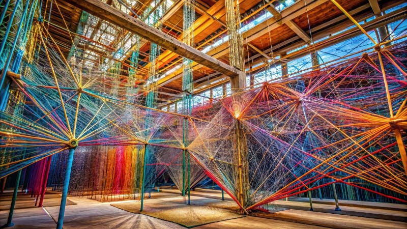 Intricate Colorful Threads Woven into a Geometric Installation within a ...