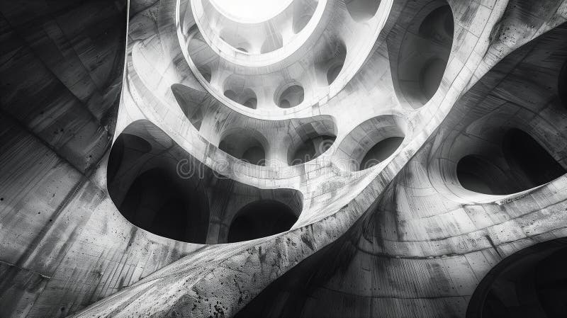 Intricate Concrete Structure with Spiral Design and Circular Openings ...