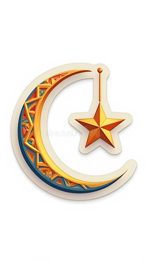 Intricate Crescent Moon and Star Design with Geometric Patterns Stock ...