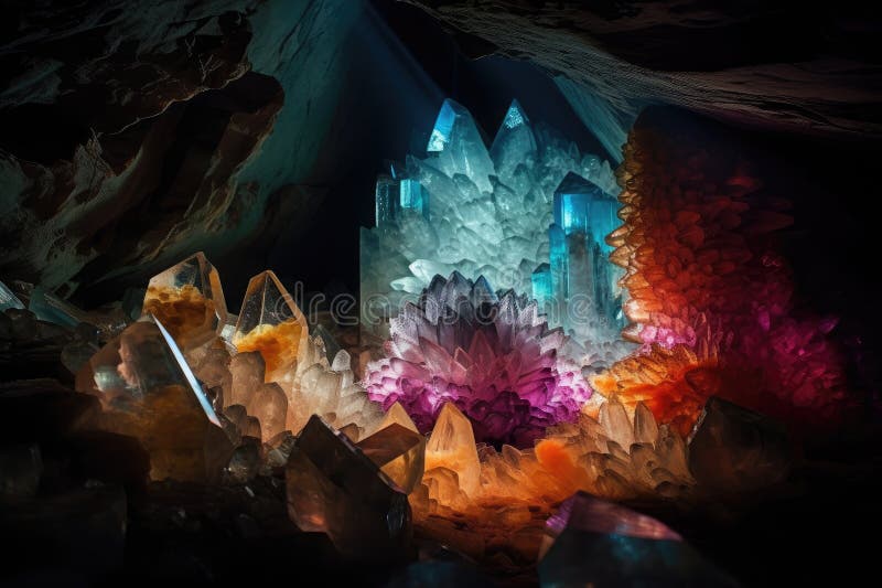 Intricate Crystal Formation in Cave, Reflecting Light and Color Stock ...