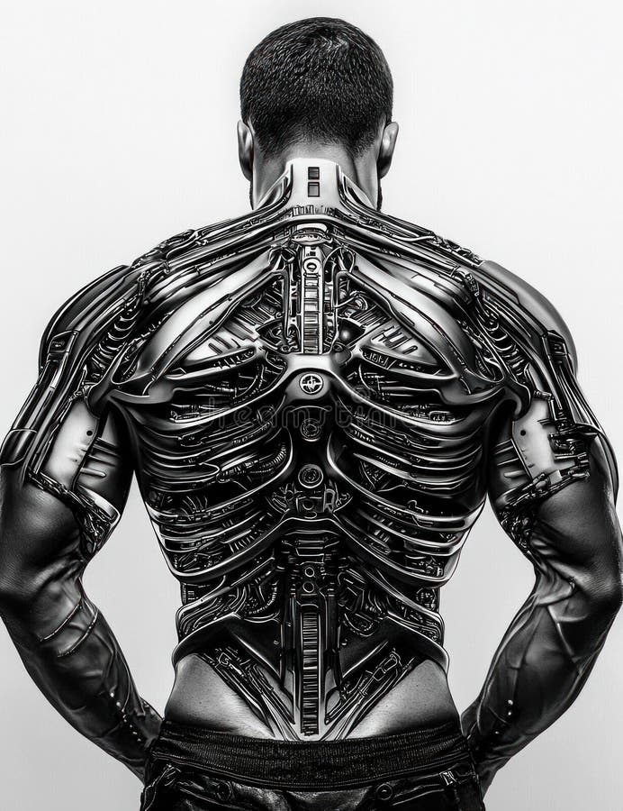 Intricate Cyborg Back of a Man, Showcasing Detailed Metallic Structures ...