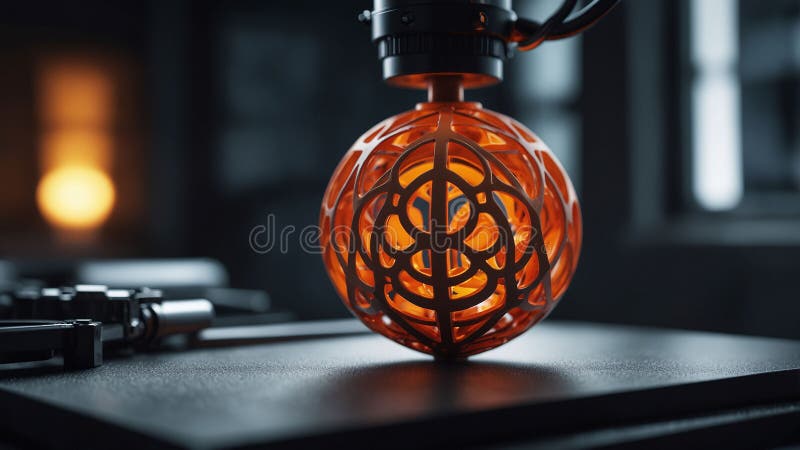 Intricate 3D Printed Orange Sphere with Glowing Light in Modern ...