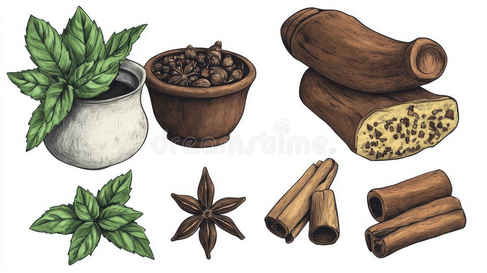 An Intricate Depiction of Numerous Tea and Spice Components is ...