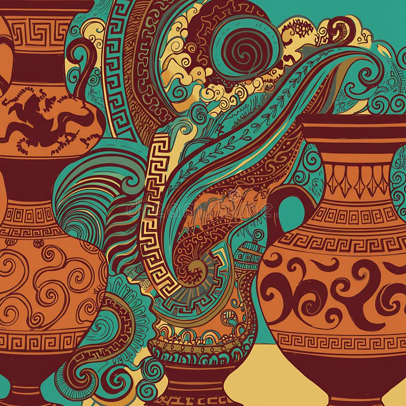 Intricate Design Features Stylized Greek-inspired Pottery with ...