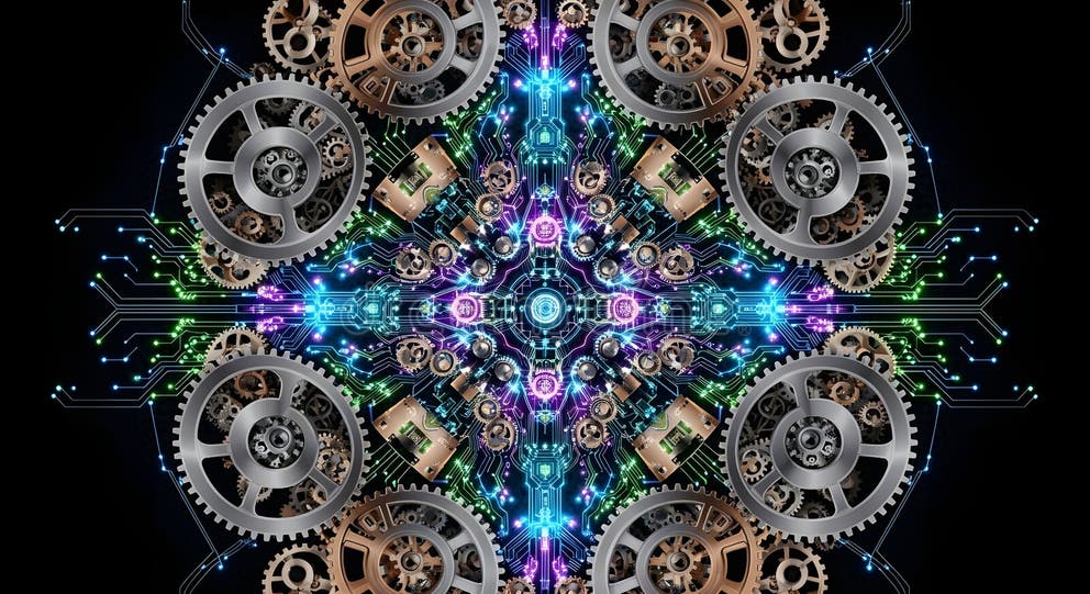 Steampunk Circuitry with Cogs and Gears Interwoven with Glowing ...