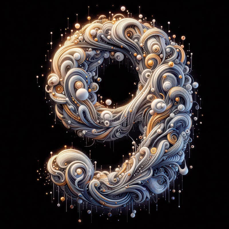 Intricate Design Featuring Number Nine Surrounded by Swirling Forms and ...