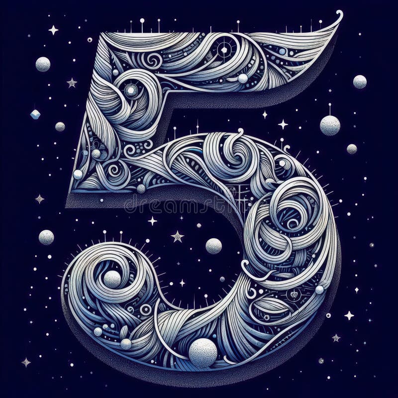 Intricate Design of the Number Five with Cosmic Elements Against a Dark ...