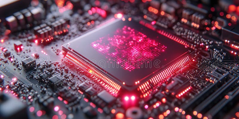 Intricate Details of a Circuit Board Showcasing Vibrant Red Lighting ...