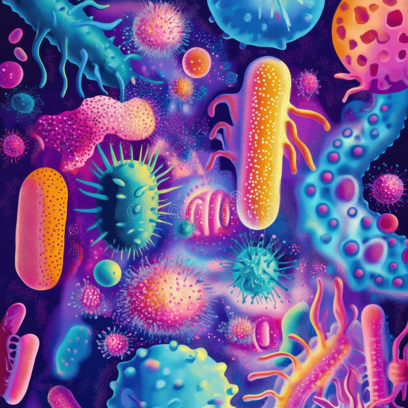 Colorful Illustration of Diverse Microscopic Microbes Showcasing ...
