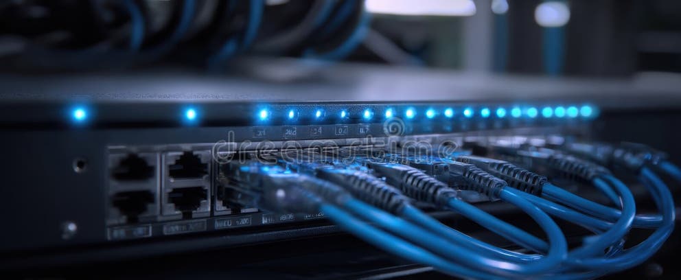 The Intricate Details of a Network Switch and Blue Ethernet Cables. AI ...